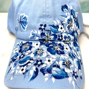 Blue and White Floral Cap. Painted Cap for Sun and Beachwear. Blue ...