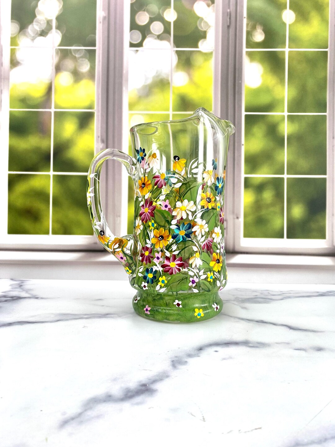 Pitcher. Glass Pitcher. Hand Painted Wildflowers. Colorful Pitcher ...