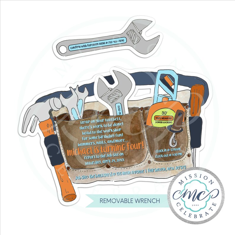 Tool Belt Party Invitation UNIQUE Custom Cut Out Tools and Toolbelt ...