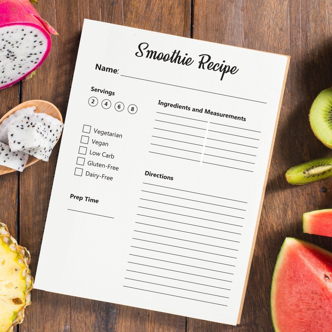 Printable and Customizable Smoothie Recipe Page - Etsy