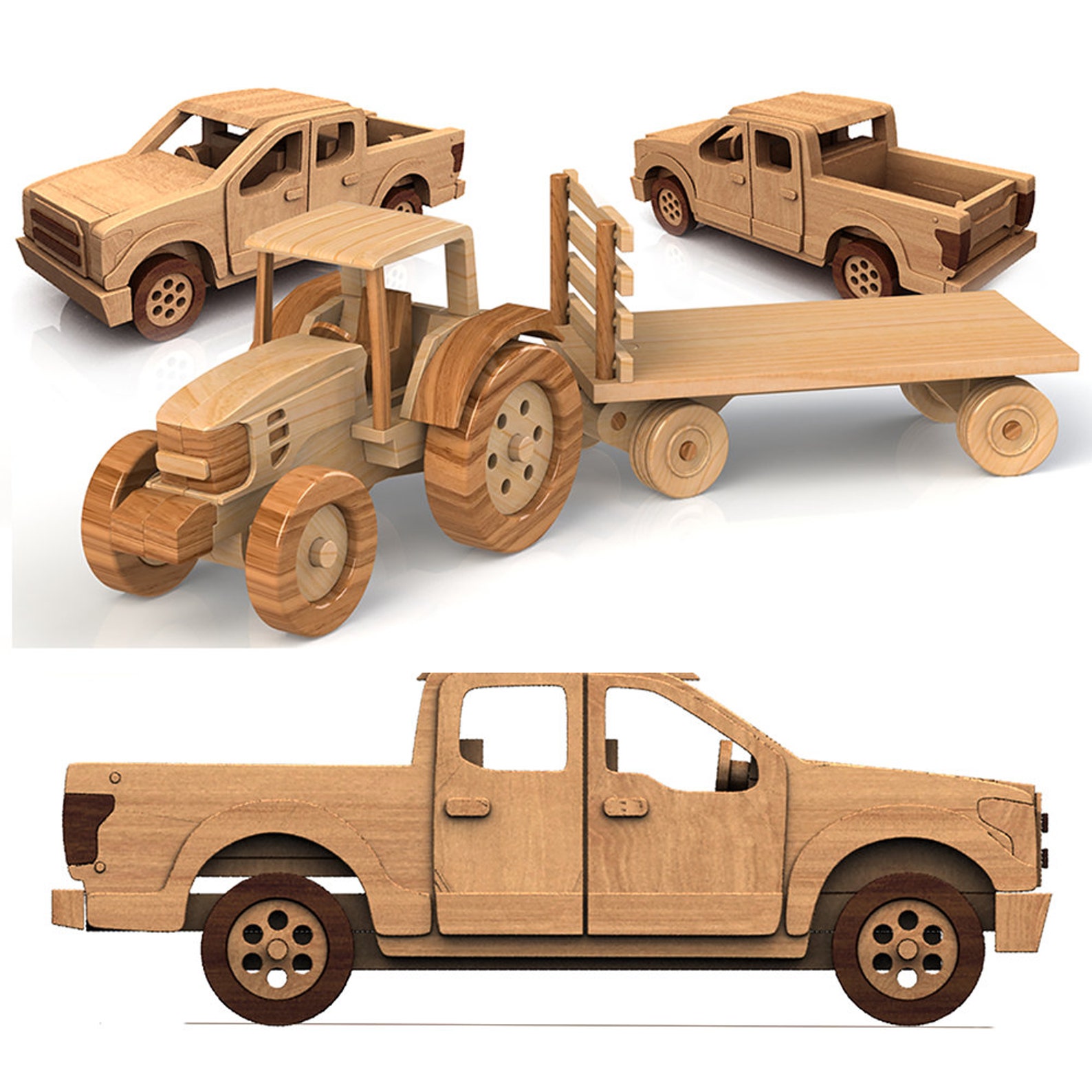 Fantastic Farm Tractor and Trailer + King Ranch F-150 Truck Wood Toy ...