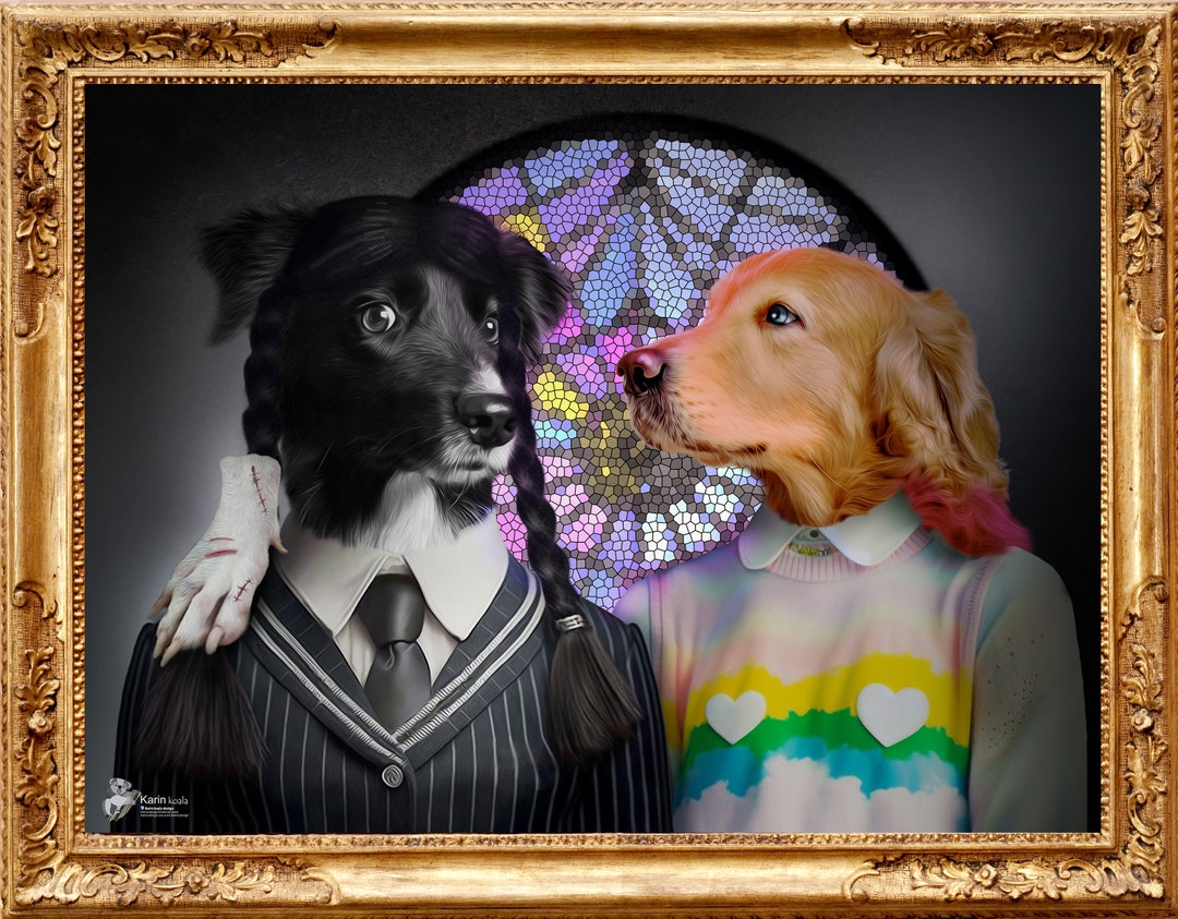 Wednesday Addams and Enid Sinclair Dog Painting Pet Portrait Custom Dog ...