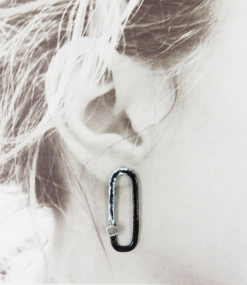 Unique Black and White Enamel Oval Loop Earrings With Silver | Etsy