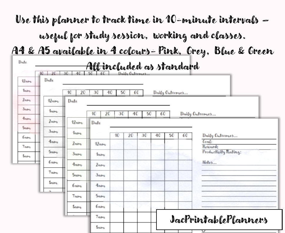 10 Minute Time Printable Planner, Watercolour. Time Insert. Digital ...