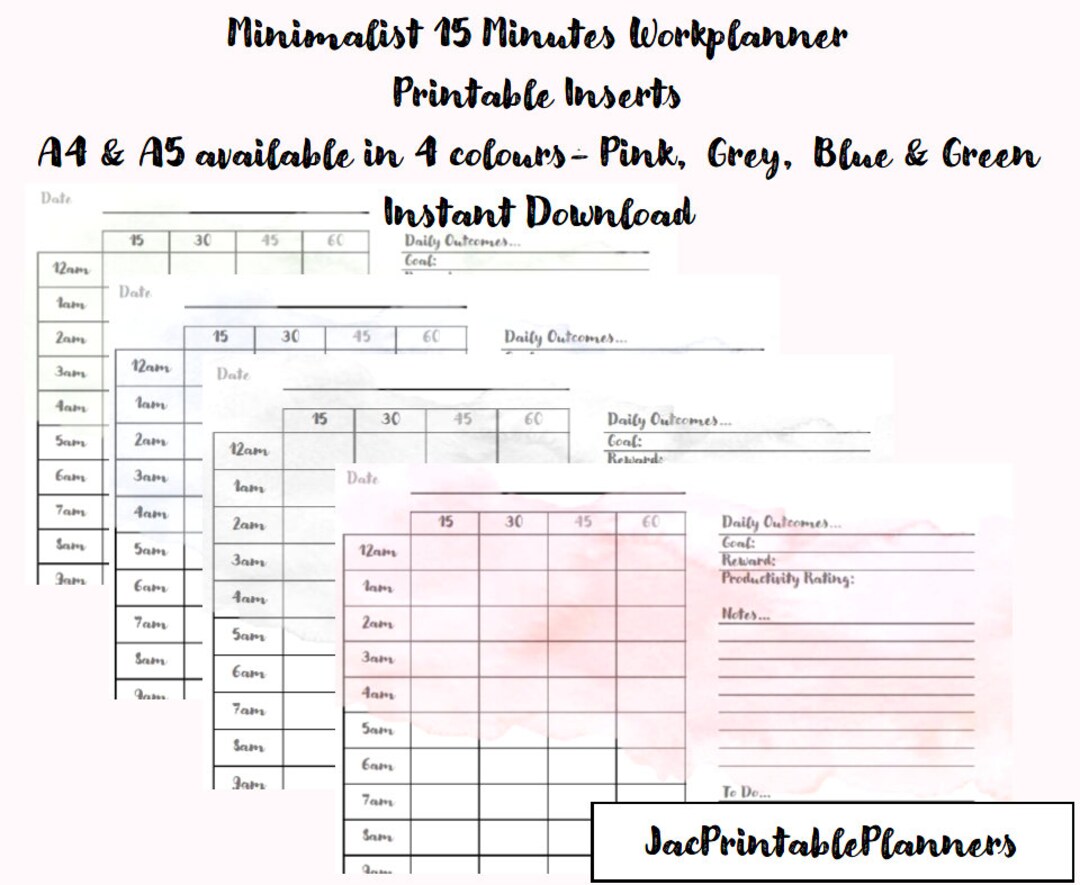 15 Minute Time Printable Planner, Watercolour. Time Insert. Digital ...