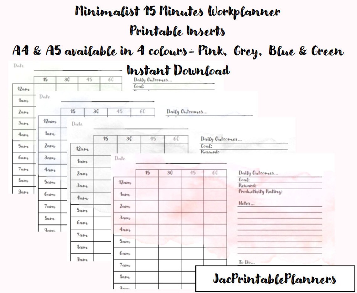 15 Minute Time Printable Planner, Watercolour. Time Insert. Digital ...