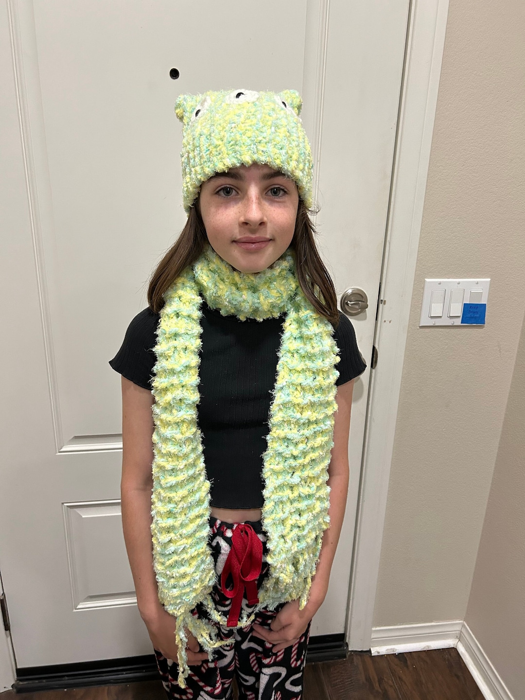 Monster Hat and Matching Scarf - Green and Yellow - Handmade - Etsy