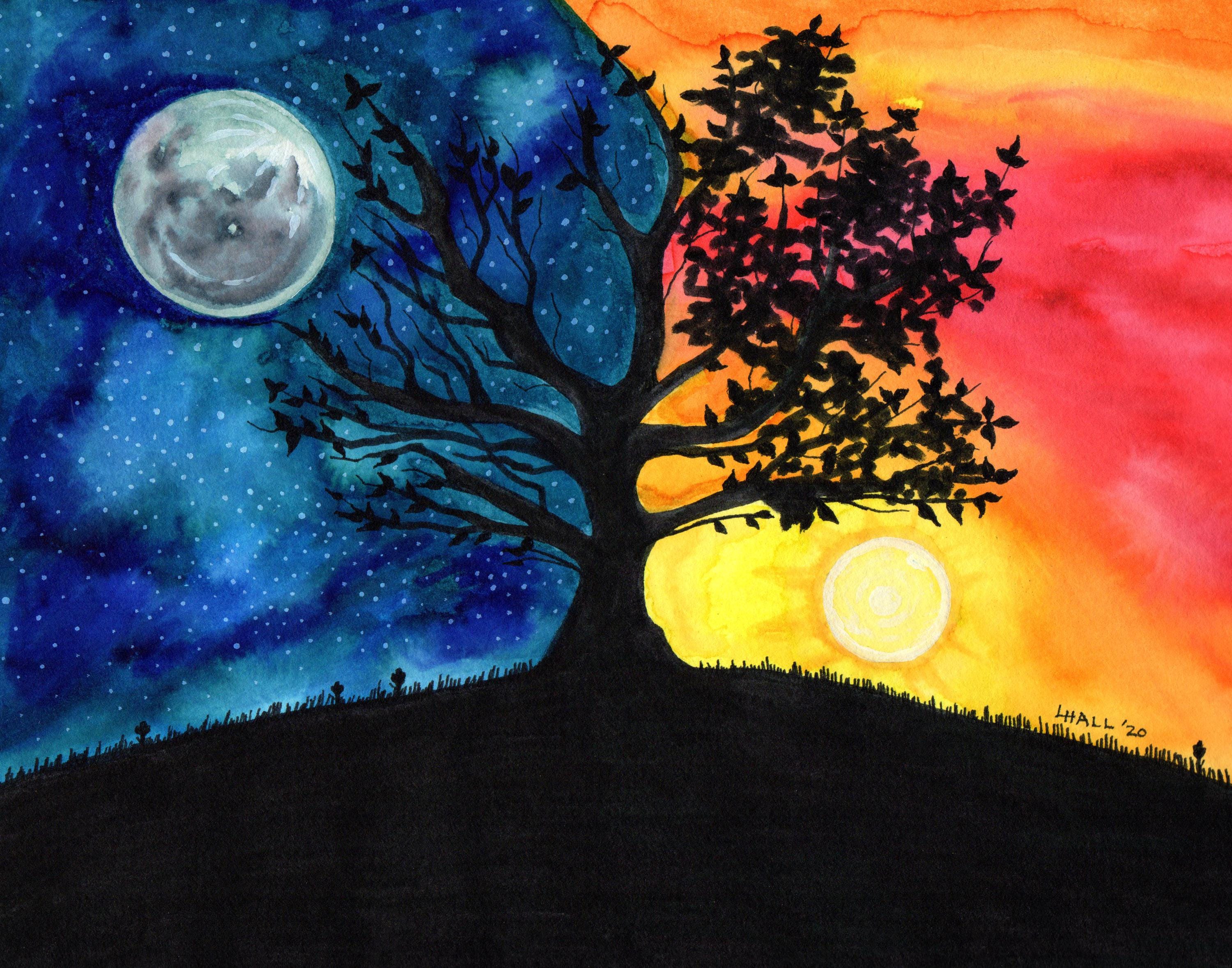 Night and Day - Watercolor Marker and Acrylic Paint - Print or Sticker ...