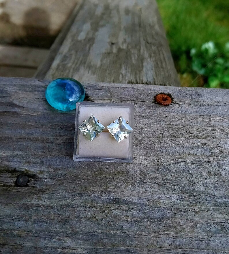 Aquamarine Square Cut Studs, Natural Faceted Aquamarine 8mm 3.52 Carat ...