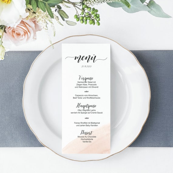Watercolour Blush Menu Card Printable Rectangular Menu Light - Etsy