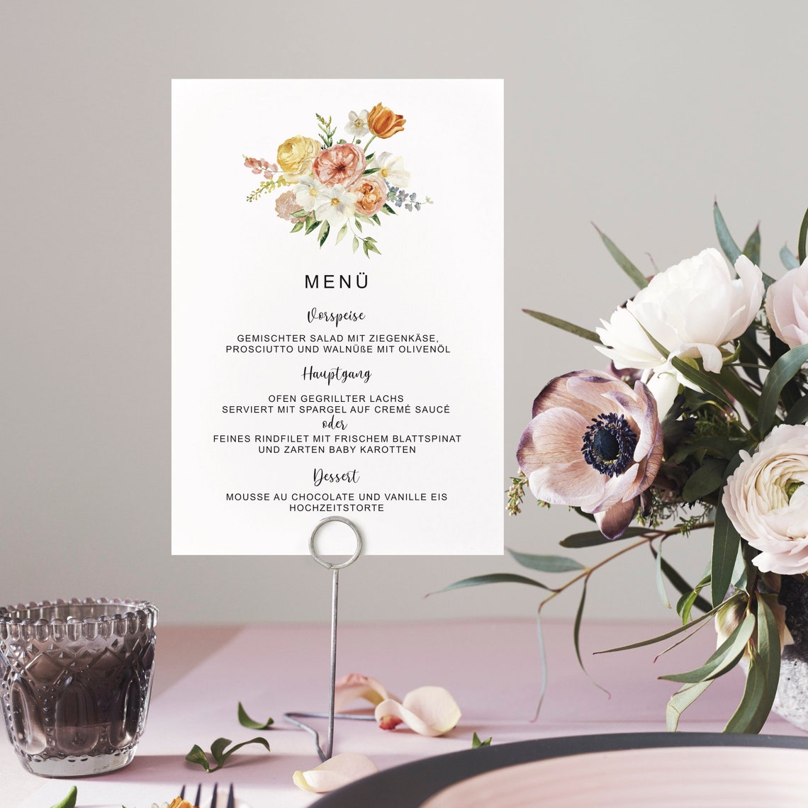 Watercolour Coral Flower Menu Card Print Yourself - Etsy