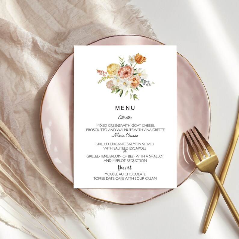 Watercolour Coral Flower Menu Card Print Yourself - Etsy