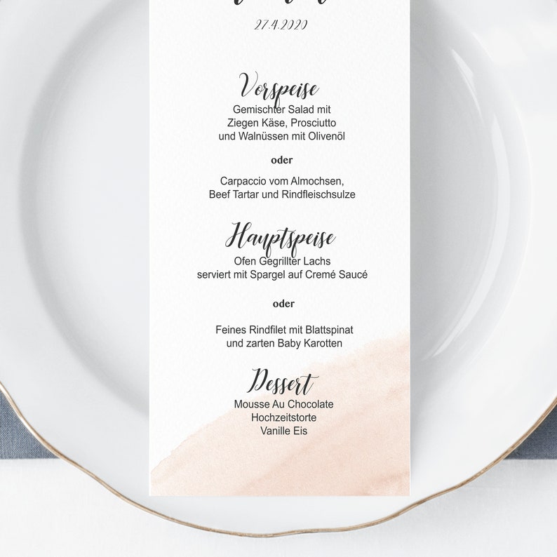 Watercolour Blush Menu Card Printable Rectangular Menu Light - Etsy