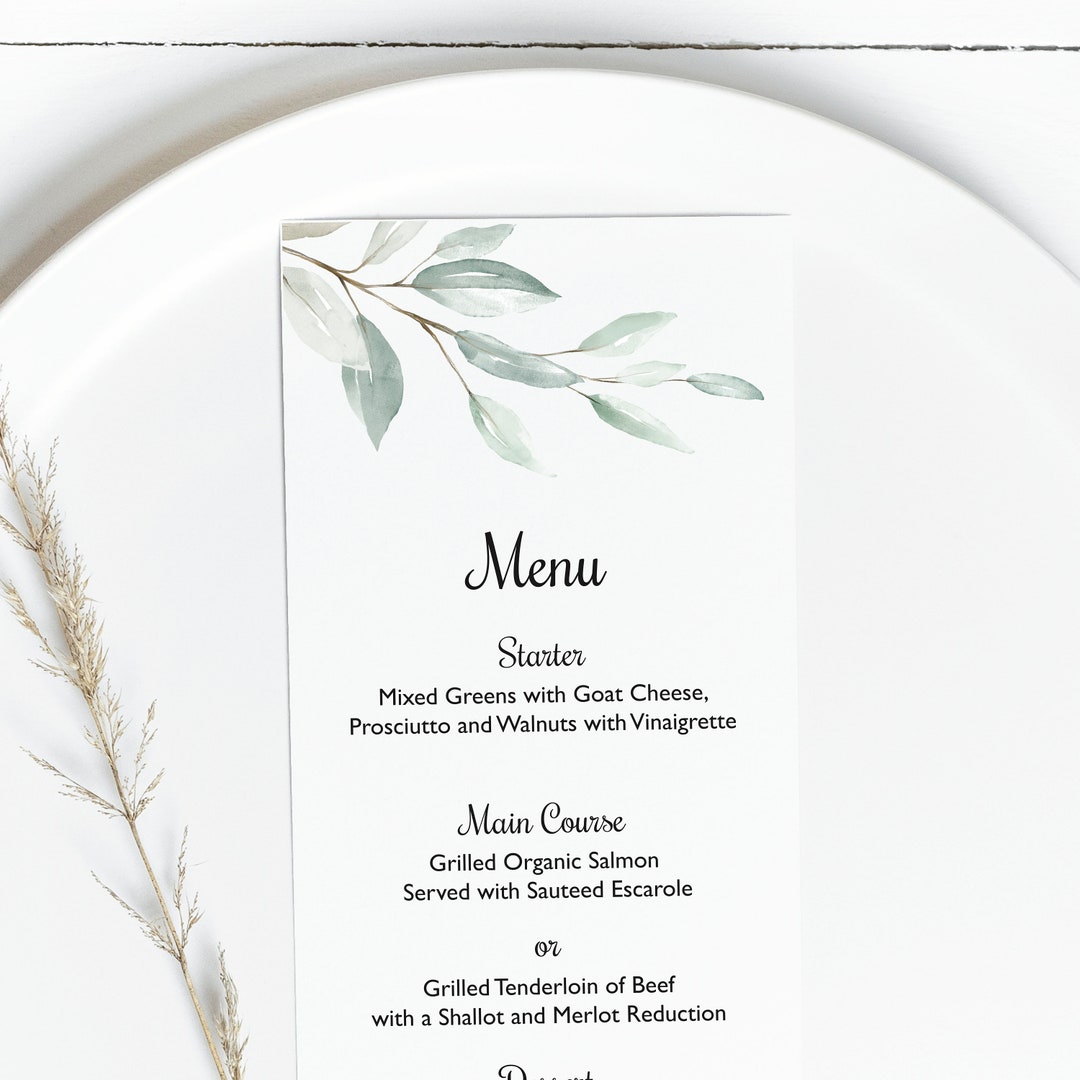 Greenery Menu Card Template, Dinner Menu for Event, Wedding Menu Design ...