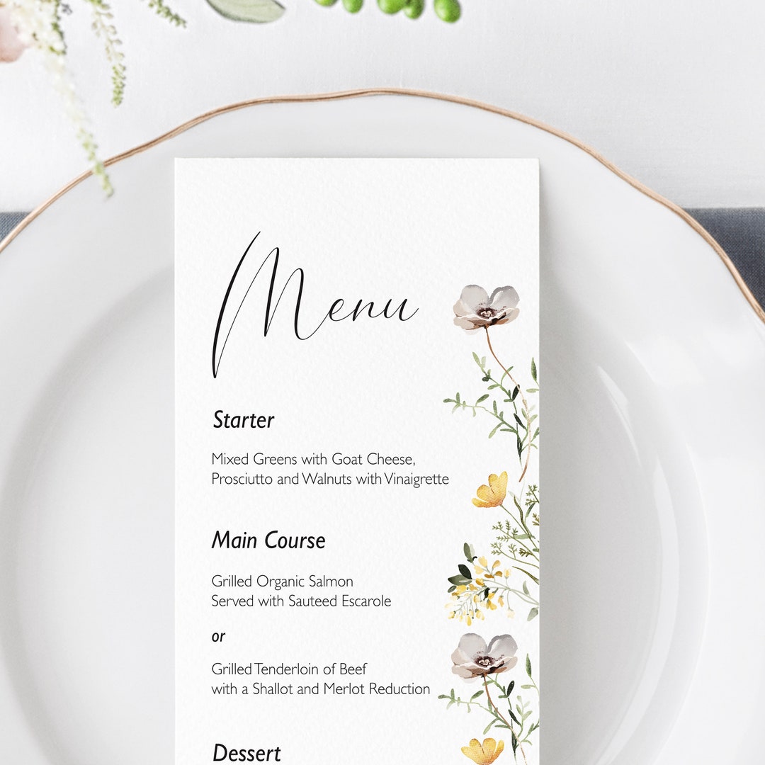 Elegant Menu Card Design With Yellow Flowers, Menu Design, Menu ...