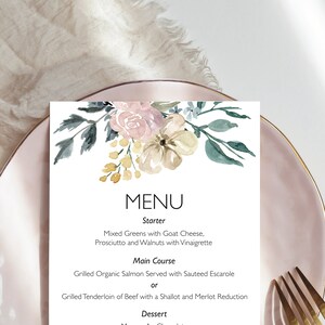 Watercolour Light Pink Flower Menu Card Print Yourself - Etsy