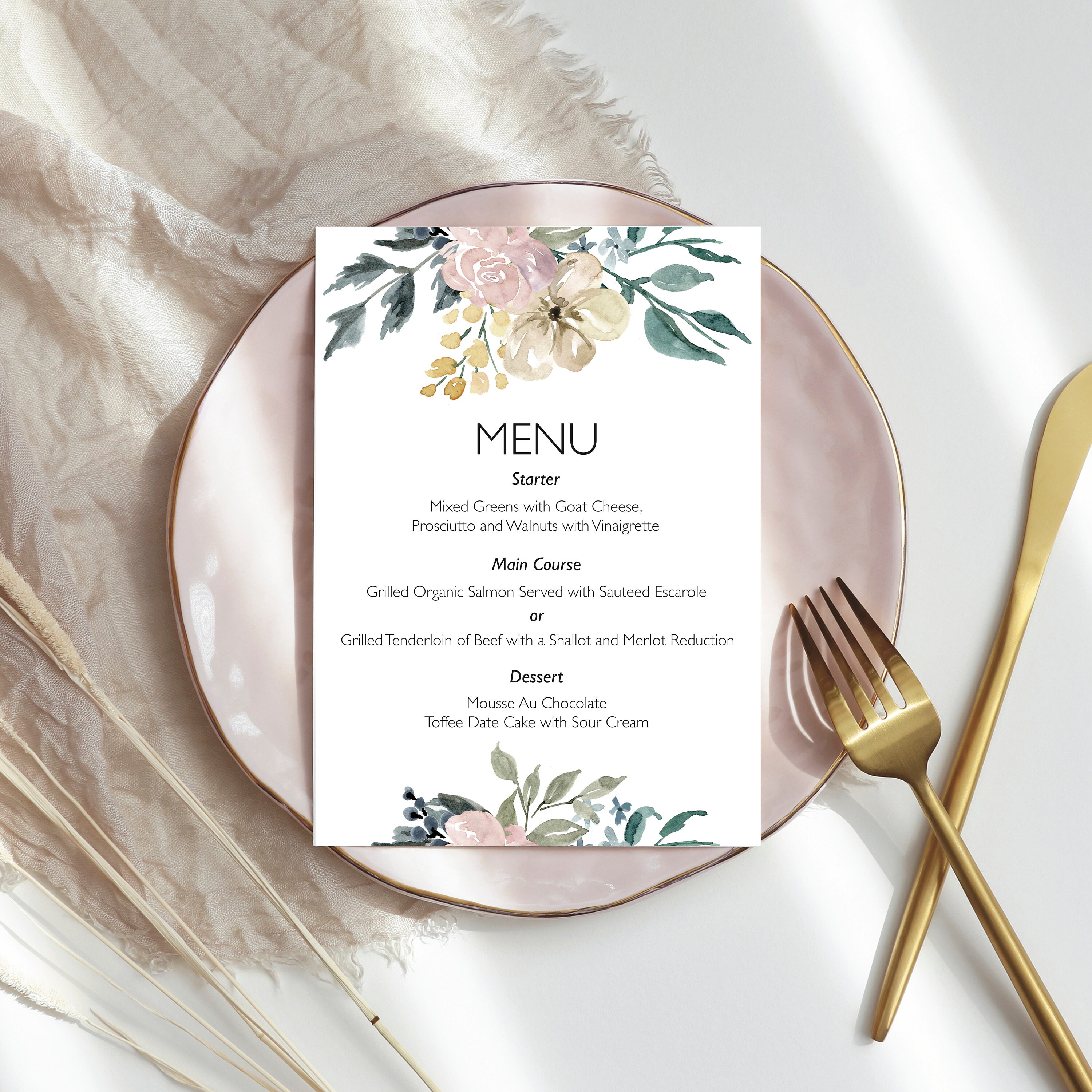 Watercolour Light Pink Flower Menu Card print yourself | Etsy