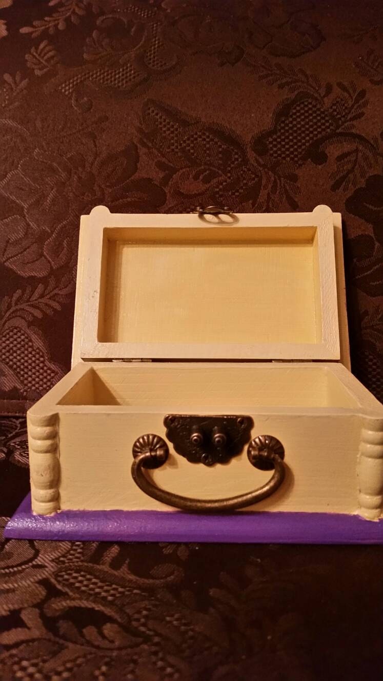 Small wood trinket box hand painted with pretty purple flowers.