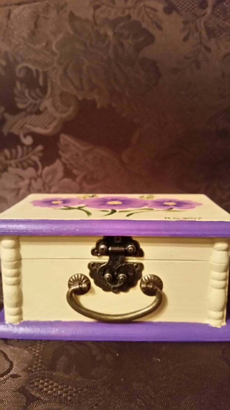 Small wood trinket box hand painted with pretty purple flowers.