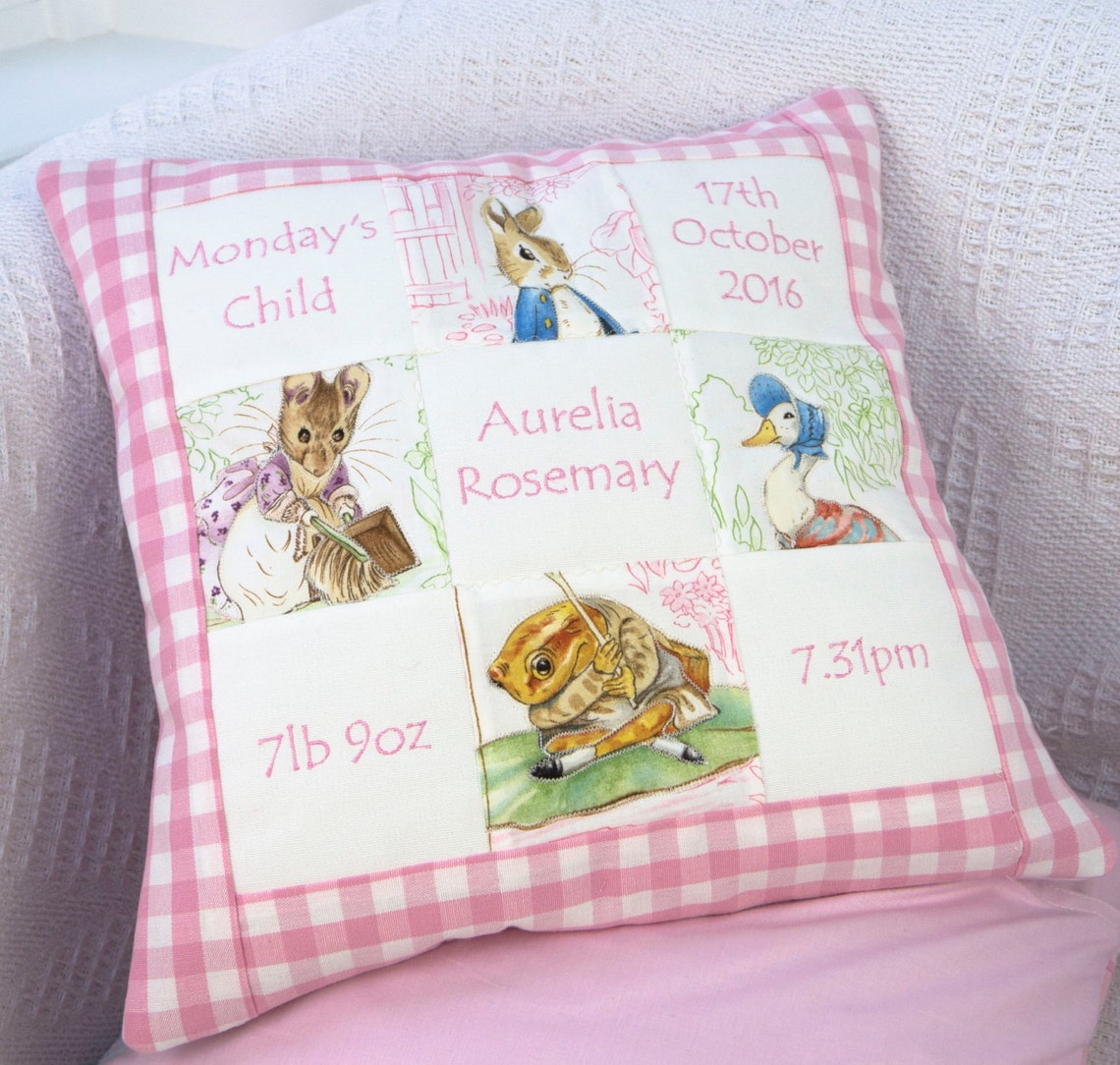 Beatrix Potter© Personalised Memory Cushion® Peter Rabbit Birth Details ...