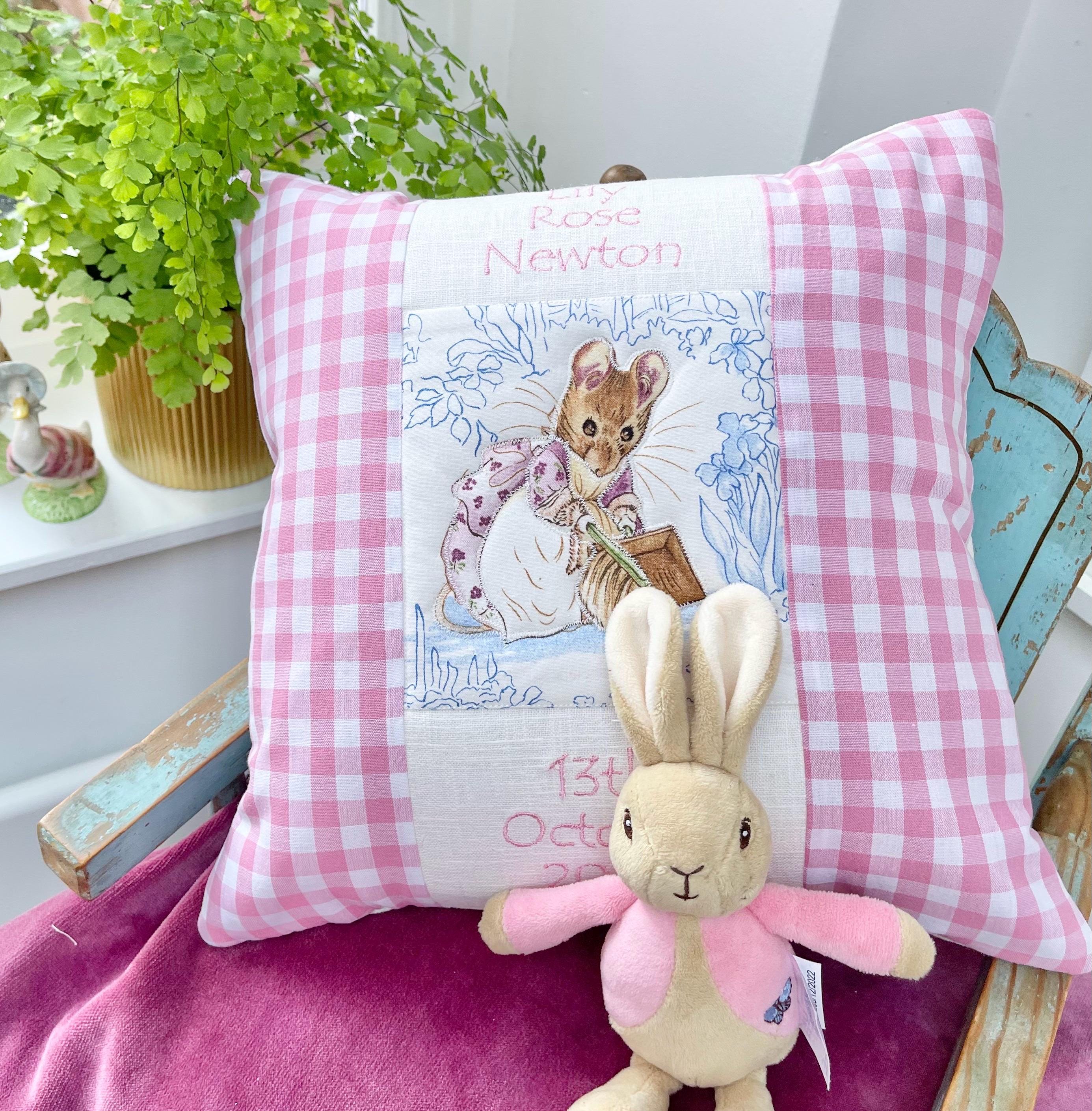 Beatrix Potter© Pastel Name and Date Cushion Blue - Handmade Cushion ...