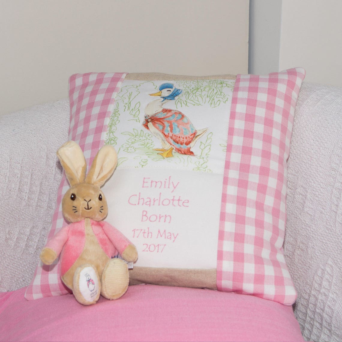 Beatrix Potter© Pastel Birth and Christening Cushion Pink Personalised ...