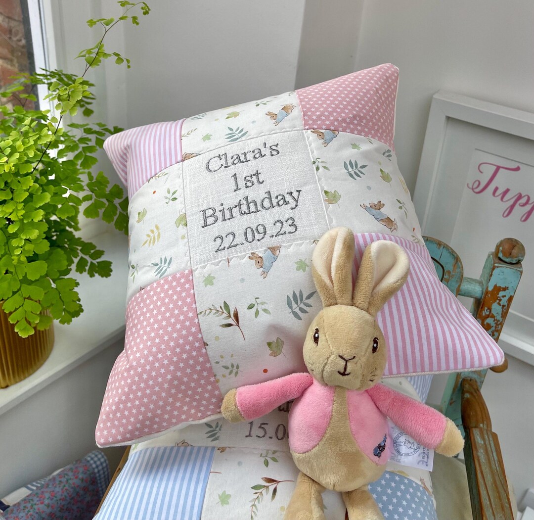 Peter Rabbit Birthday Cushion Pink - Personalised Baby Girl Gift ...