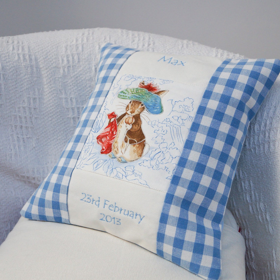 Beatrix Potter© Pastel Name and Date Cushion Blue Handmade - Etsy