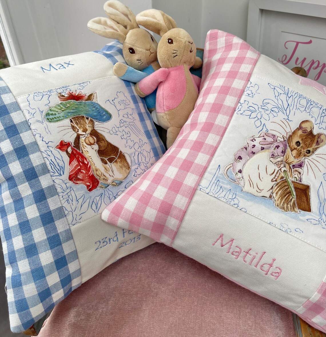Beatrix Potter© Pastel Name and Date Cushion Pink - Handmade Cushion ...