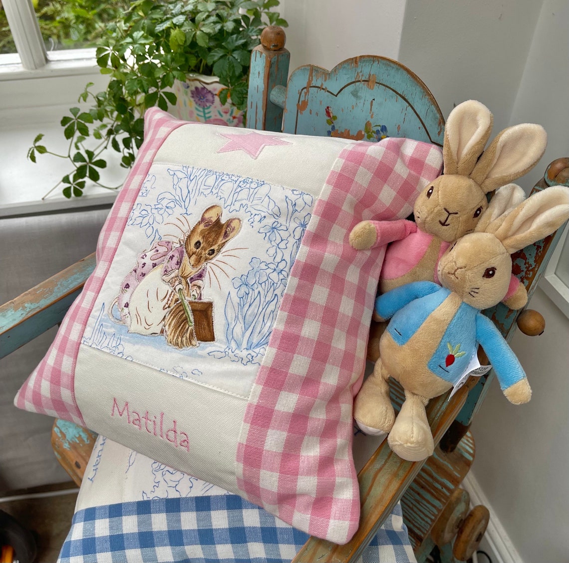 Beatrix Potter© Pastel Name and Date Cushion Pink - Handmade Cushion ...