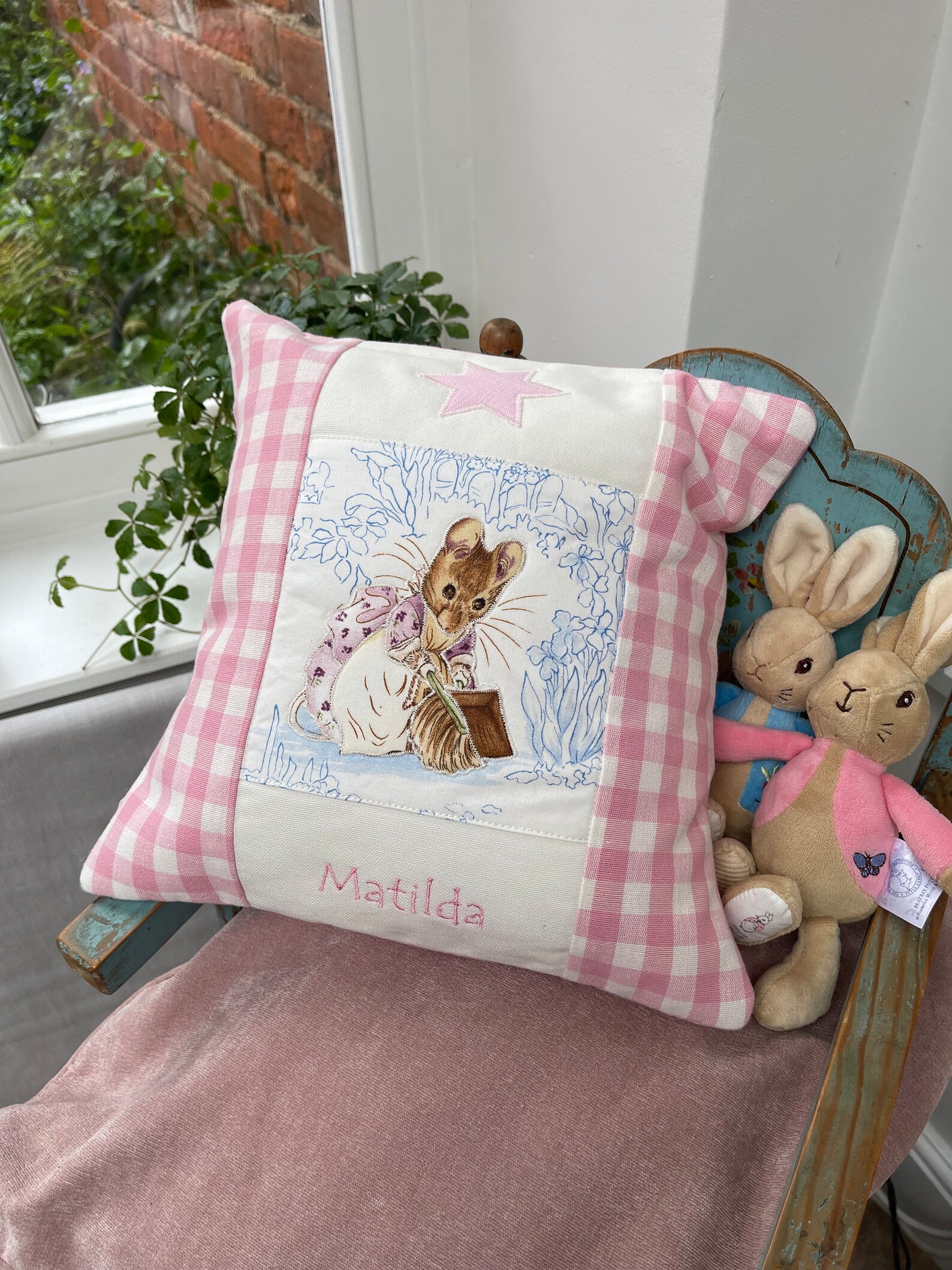 Beatrix Potter© Pastel Name and Date Cushion Pink - Handmade Cushion ...