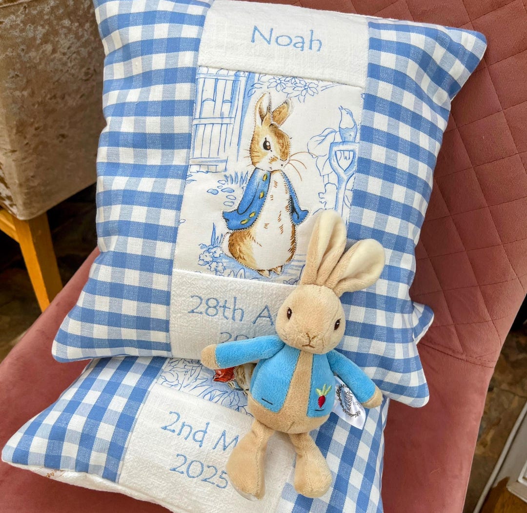 Beatrix Potter© Pastel Name and Date Cushion Blue - Handmade Cushion ...