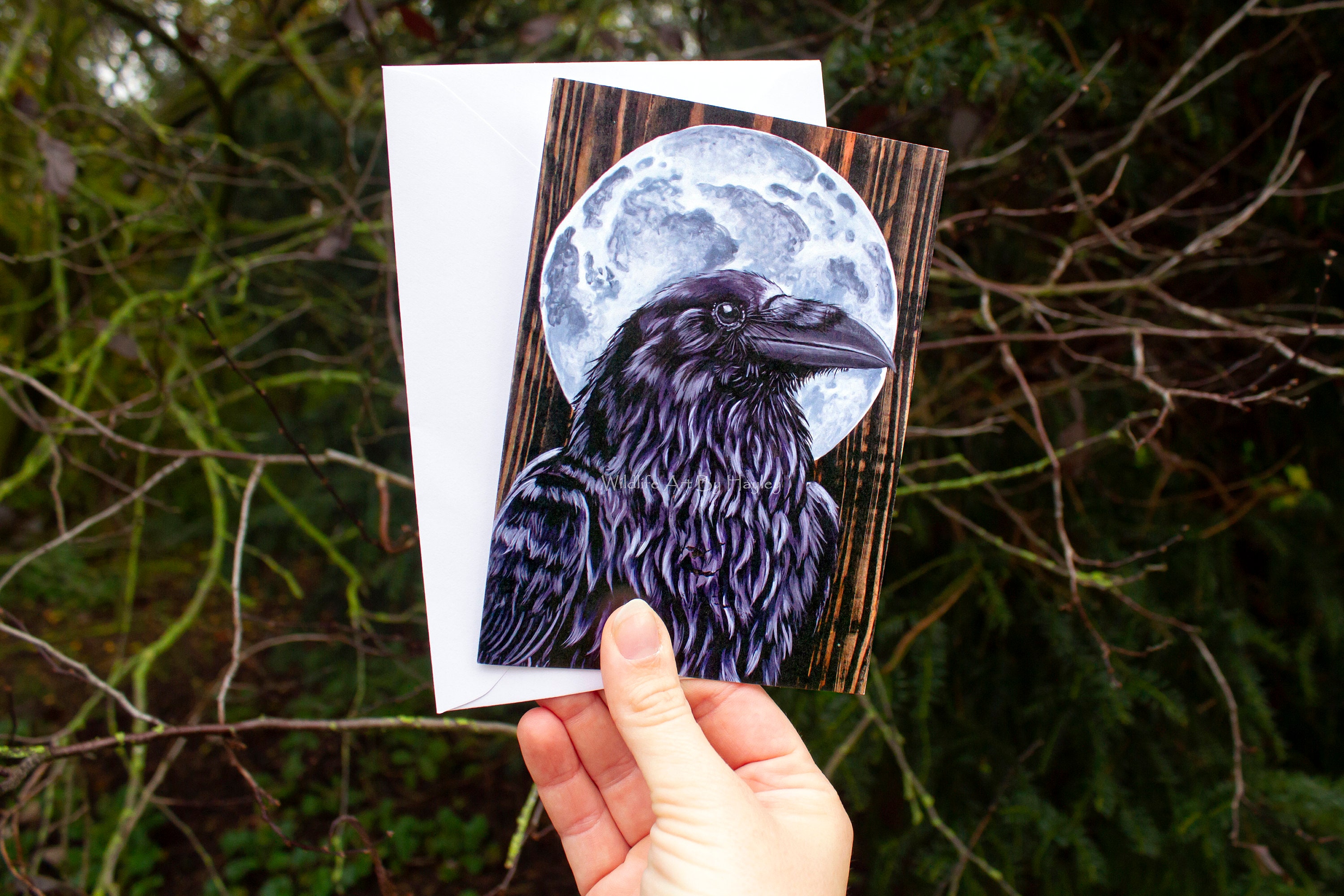 Raven Greetings Card Full Moon Art Card | Etsy