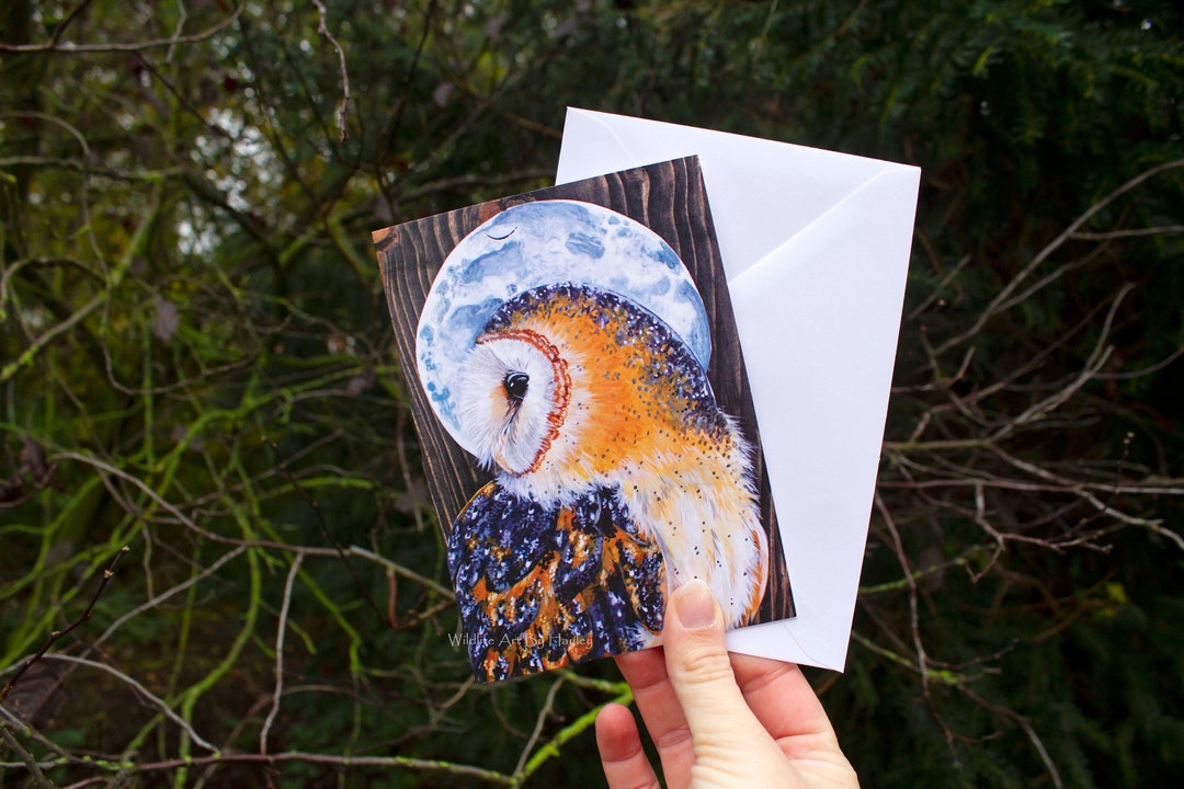 Barn Owl Greetings Card, Full Moon Art Card - Etsy UK