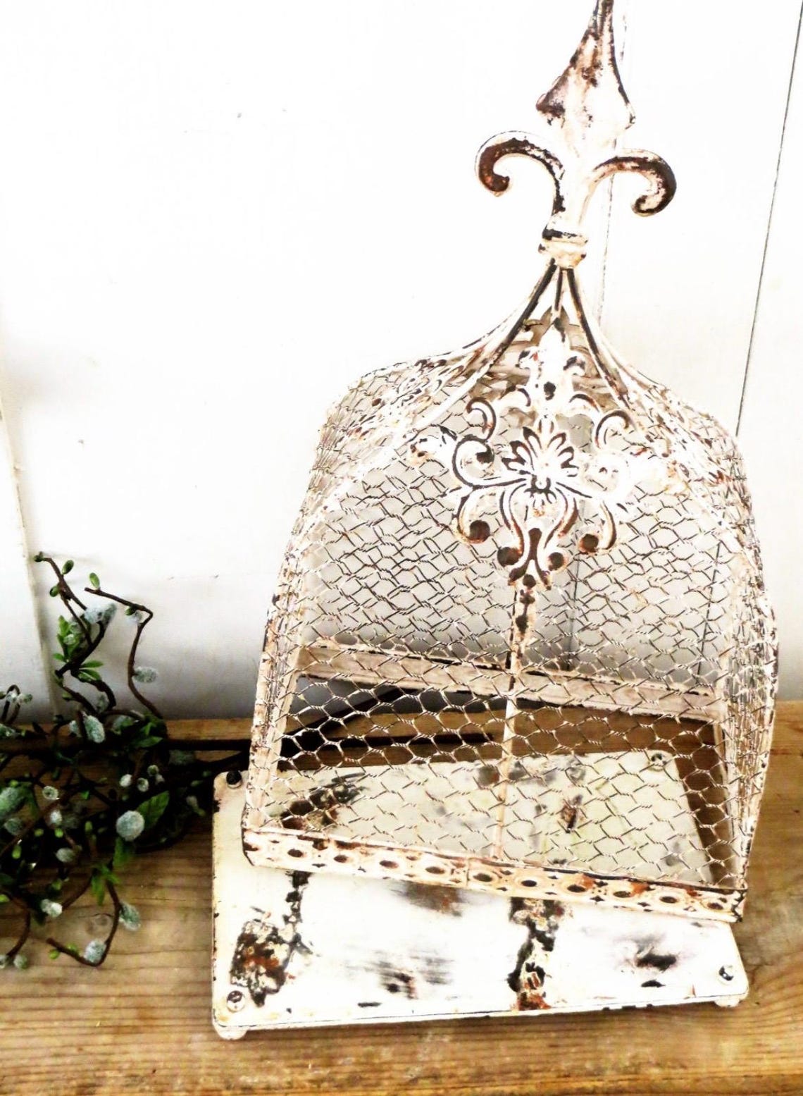 Bird Cage, Metal Bird Cage Rustic Shabby Pink Fleur De Lis Finial ...