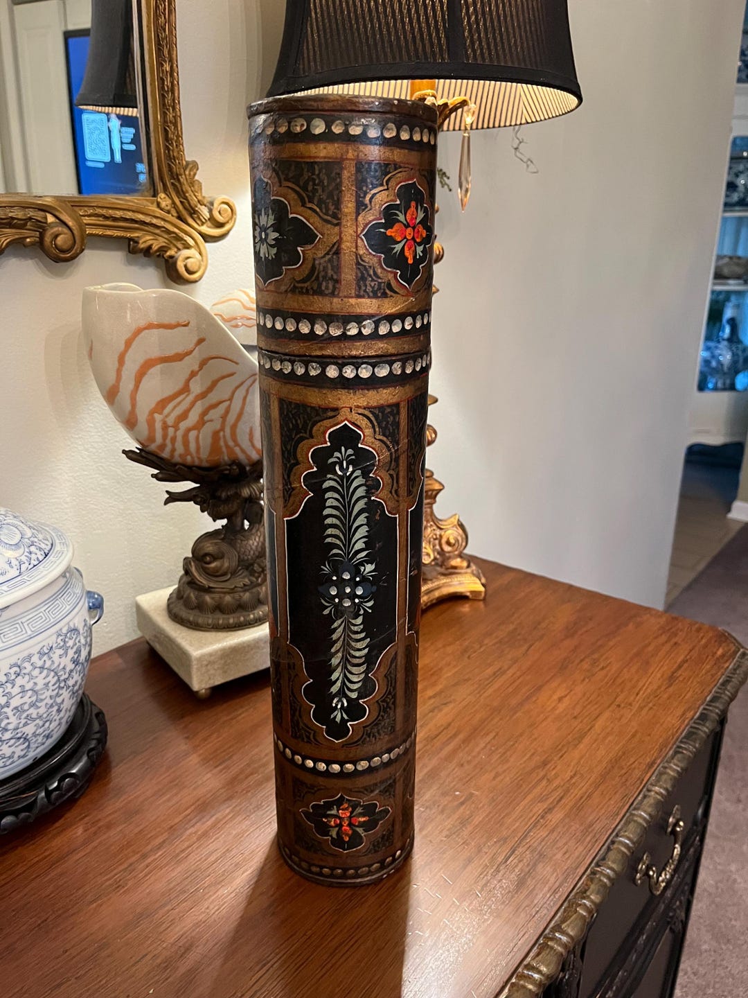 RARE Cultural Cylindrical Leather Box With Painted Decor - Etsy