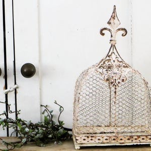 Bird Cage, Metal Bird Cage Rustic Shabby Pink Fleur De Lis Finial ...