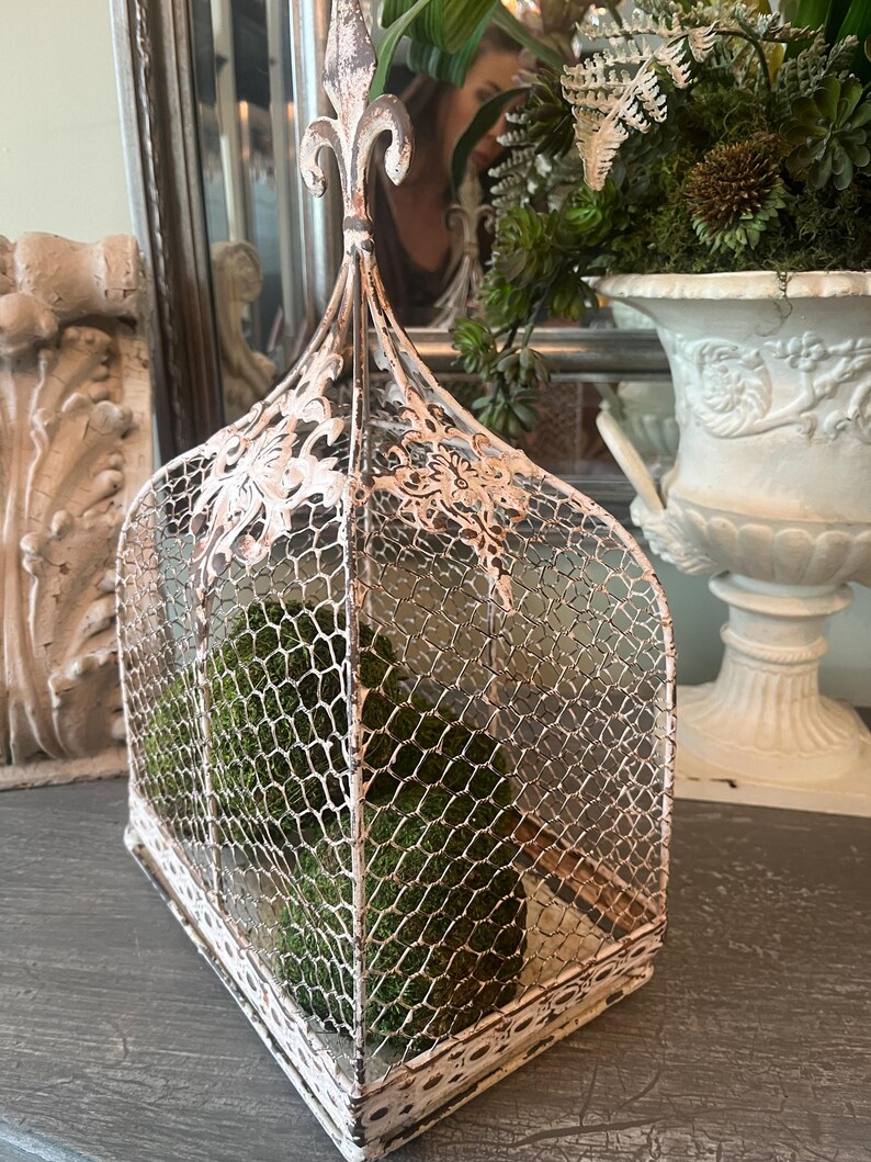 Bird Cage, Metal Bird Cage Rustic Shabby Pink Fleur De Lis Finial ...