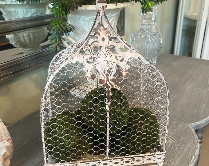 Bird Cage, Metal Bird Cage Rustic Shabby Pink Fleur De Lis Finial ...