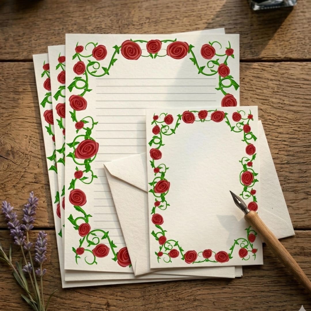 Red Rose Writing Paper and Envelopes Set, Recycled A5 Floral Vine ...