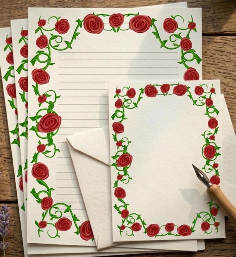 Red Rose Writing Paper and Envelopes Set, Recycled A5 Floral Vine ...