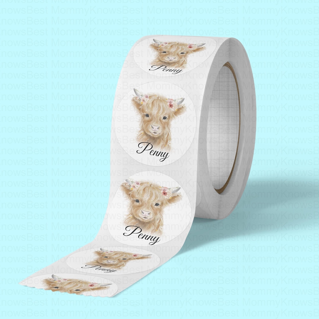 Personalised Highland Cow Design Customised Name Label. Packaging ...