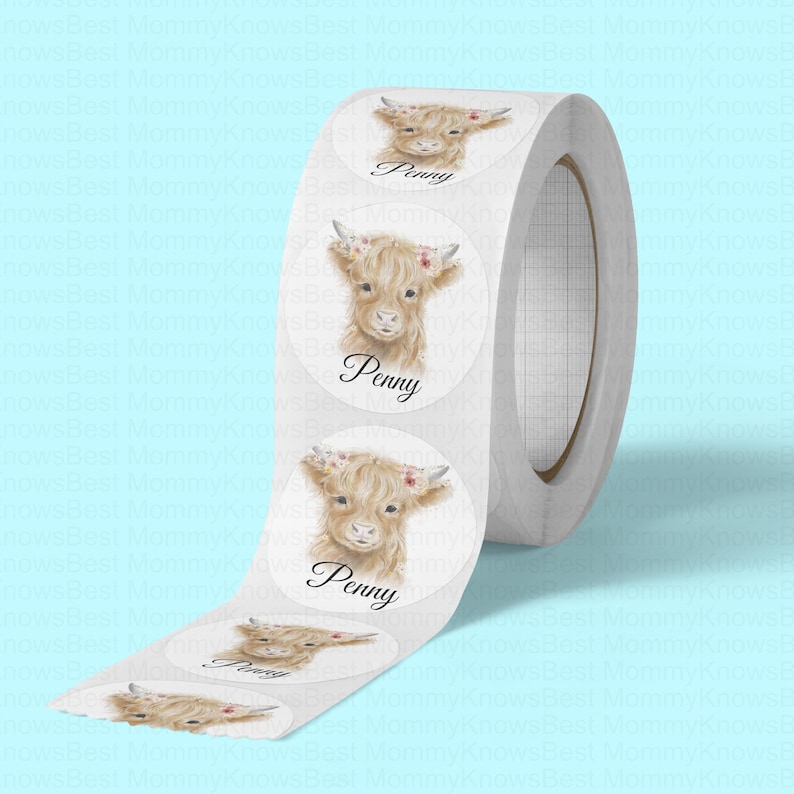 Personalised Highland Cow Design Customised Name Label. Packaging ...