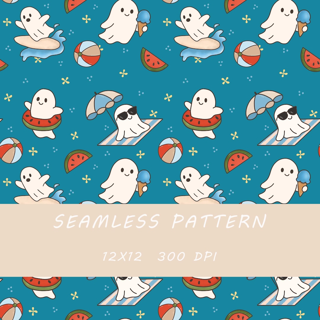 Ghost Beach Summerween Seamless Pattern, Hand Drawn Design, Halloween ...