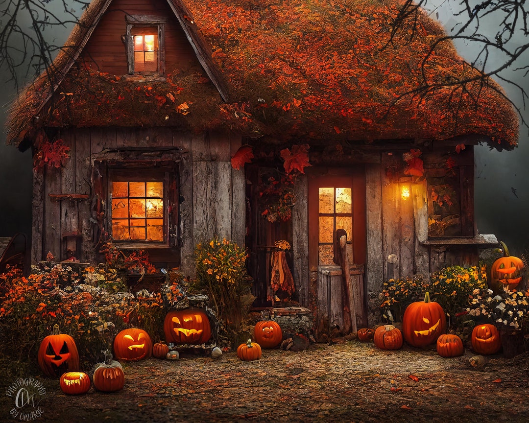 AI Witch Cottage Digital Background, Halloween Background for Composite ...