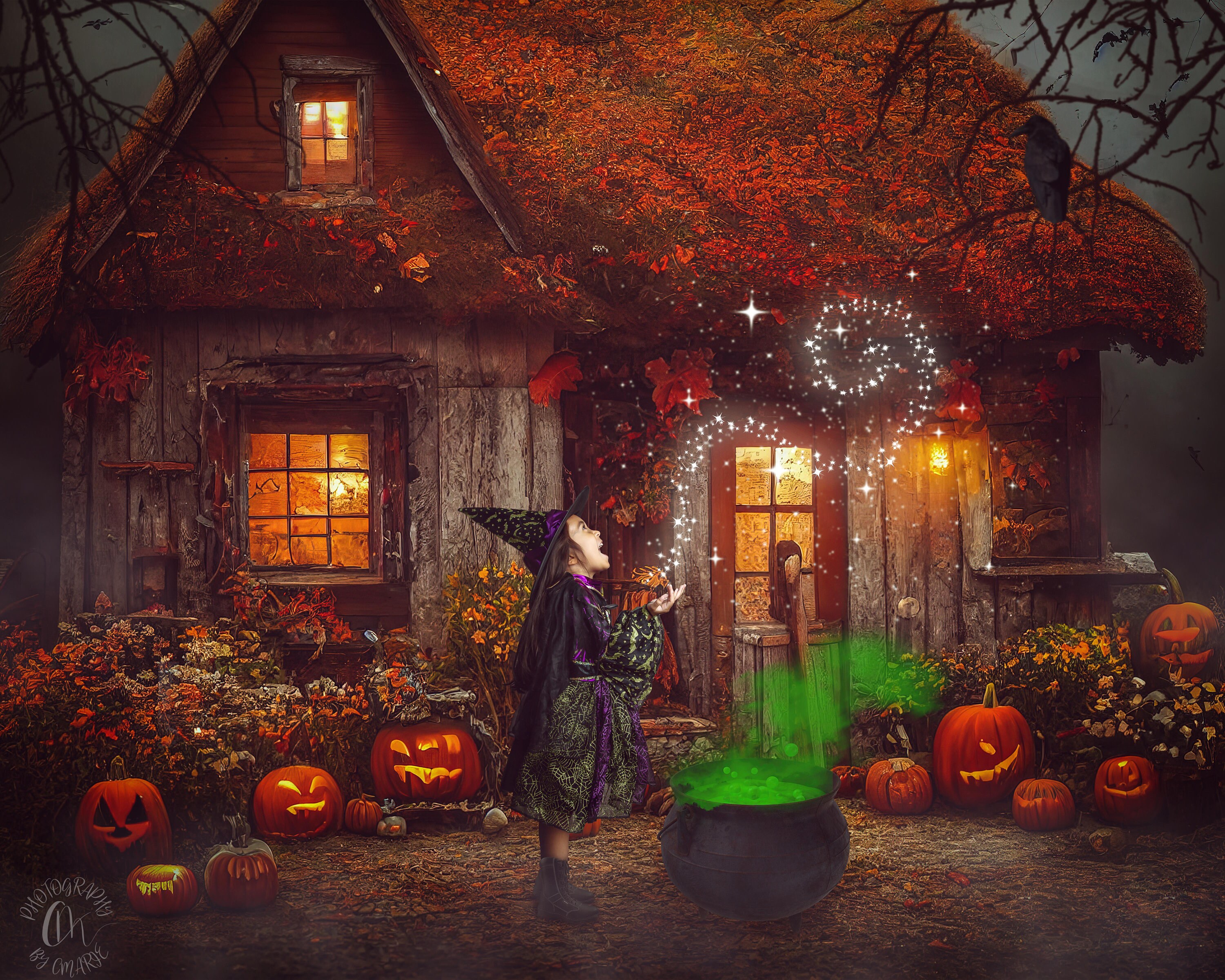 AI Witch Cottage Digital Background, Halloween Background for Composite ...