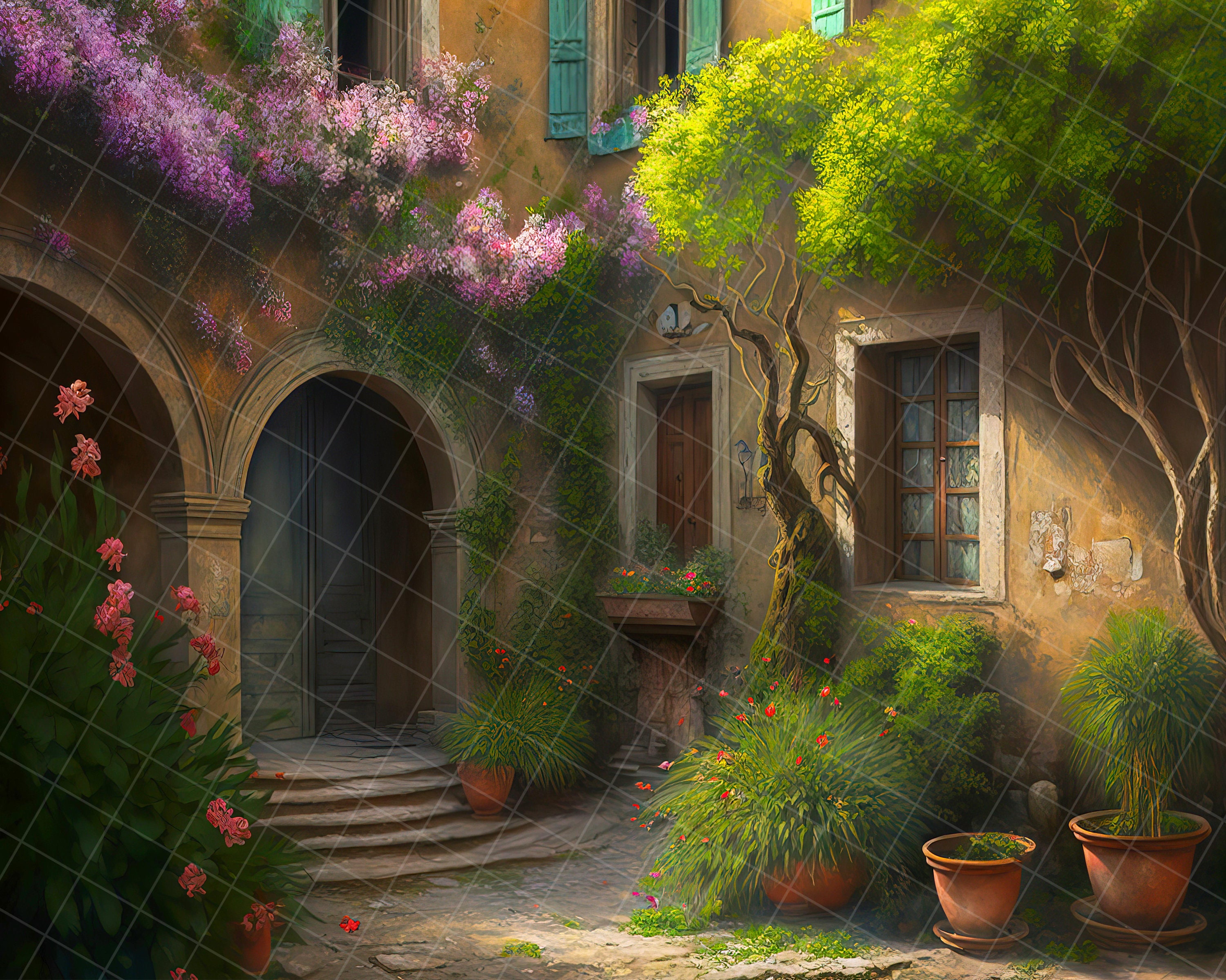Tuscan Villa Courtyard Digital Background, Background for Composite ...