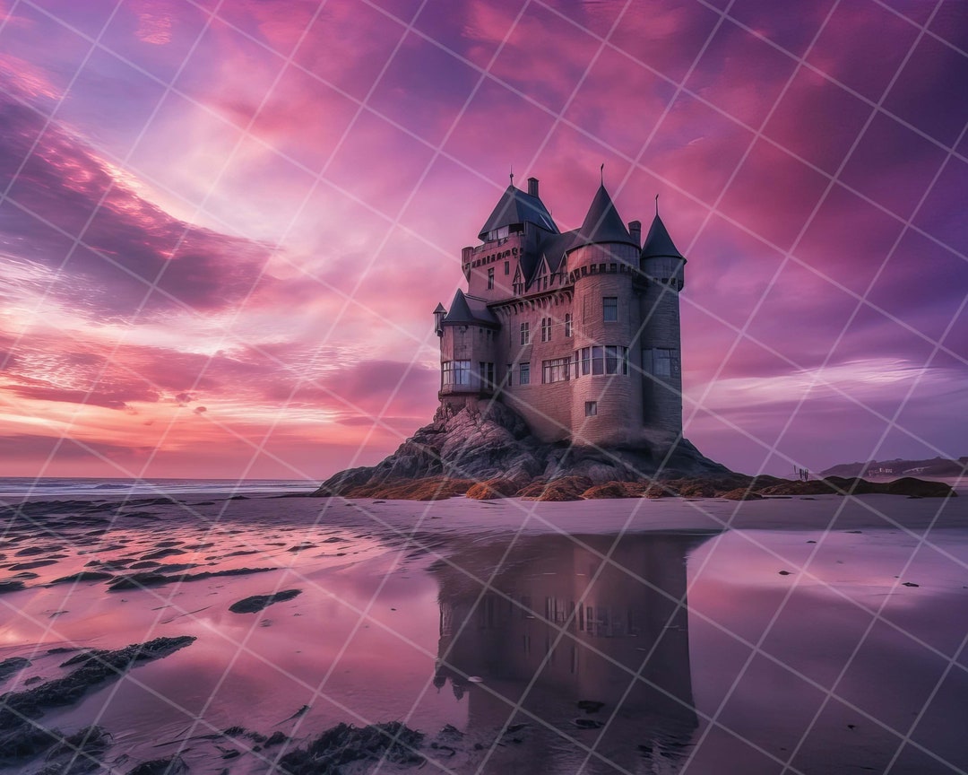 Castle on the Beach Digital Background, Sunset, Sand Castle, Ocean ...