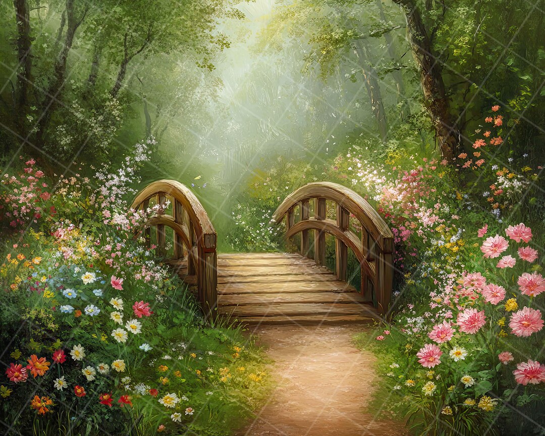 Springtime Bridge, Summer Digital Backdrop for Composite, Floral ...