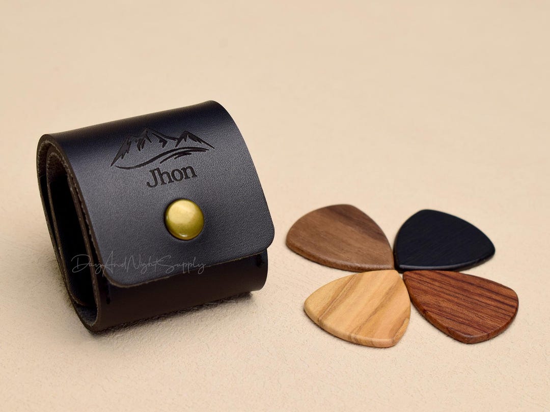 Personalized Wooden Guitar Pick With Case, Engraved Guitar Pick Pouch ...